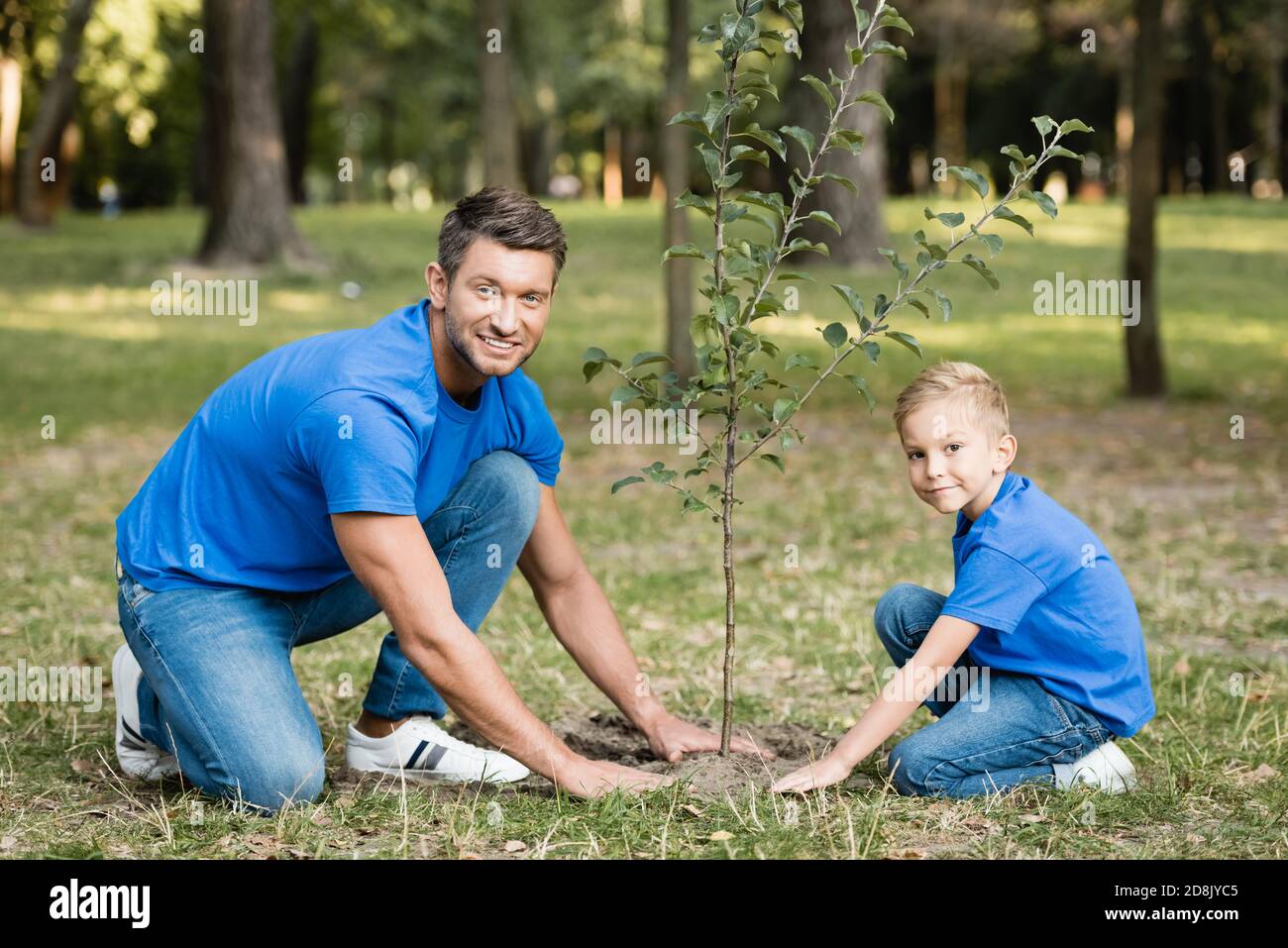 smiling father and son looking at camera while planting young tree in ...