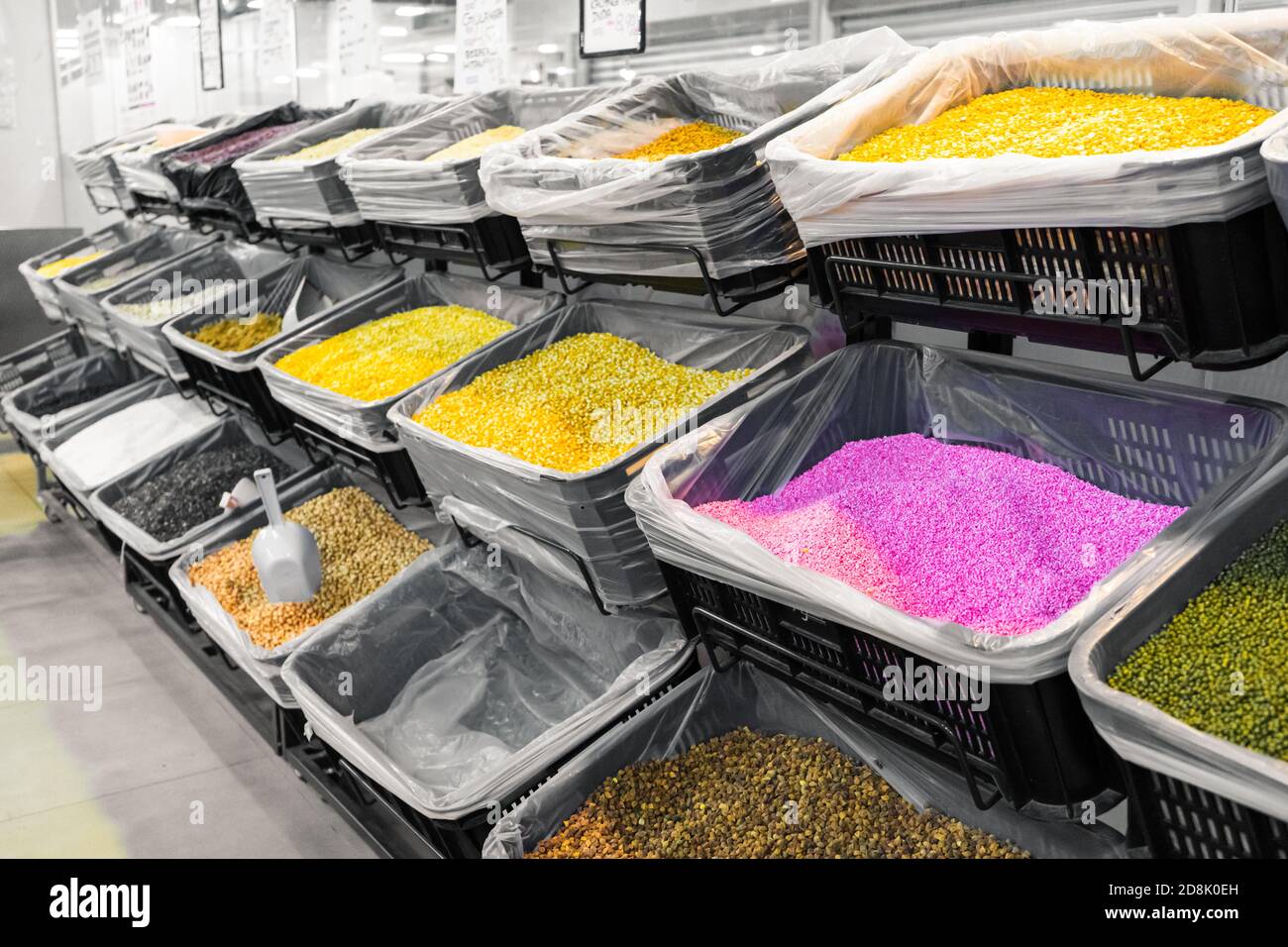 Grocery boxes on grocery store shelves close up Stock Photo - Alamy