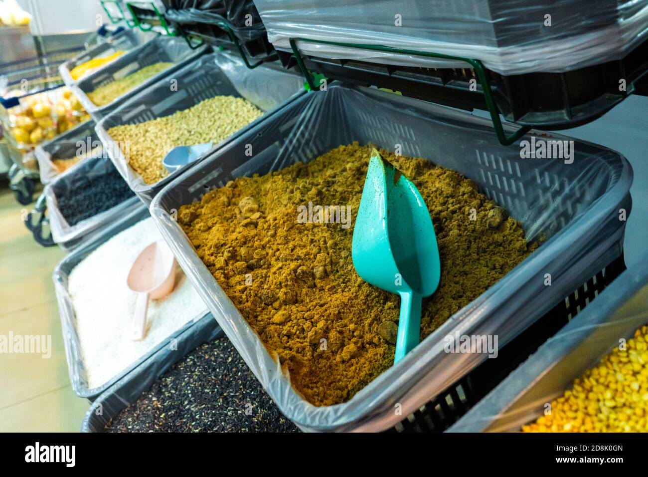 Grocery boxes on grocery store shelves close up Stock Photo - Alamy