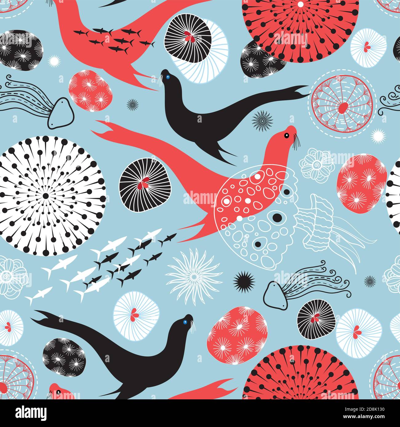 Seamless pattern with fur seals and stones on a light blue background ...