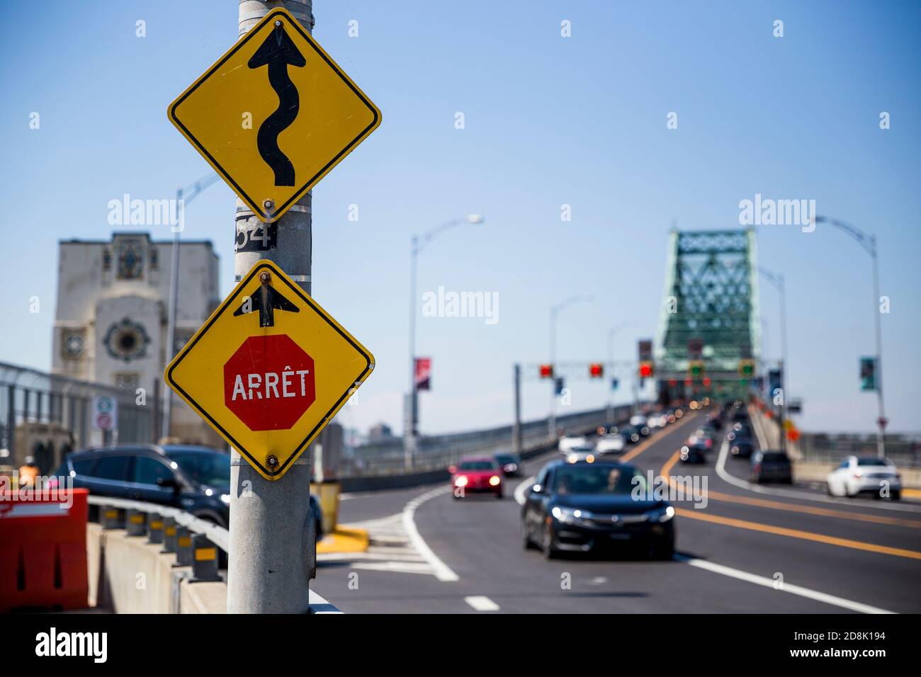 Road signs on the Jacques Cartier Bridge in Montreal, Canada Stock ...