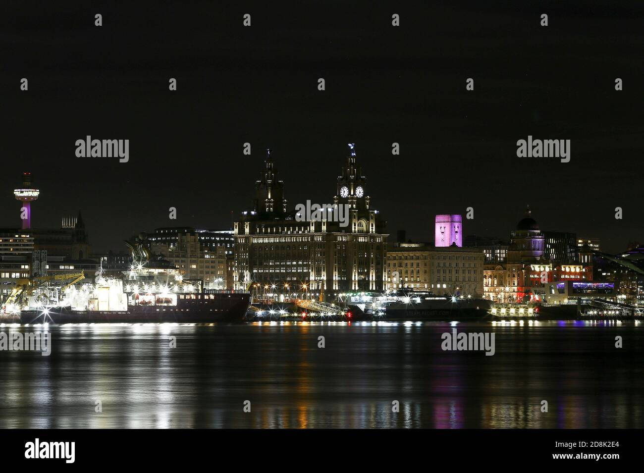 General night time view of the Liverpool waterfront and Liver Building ...