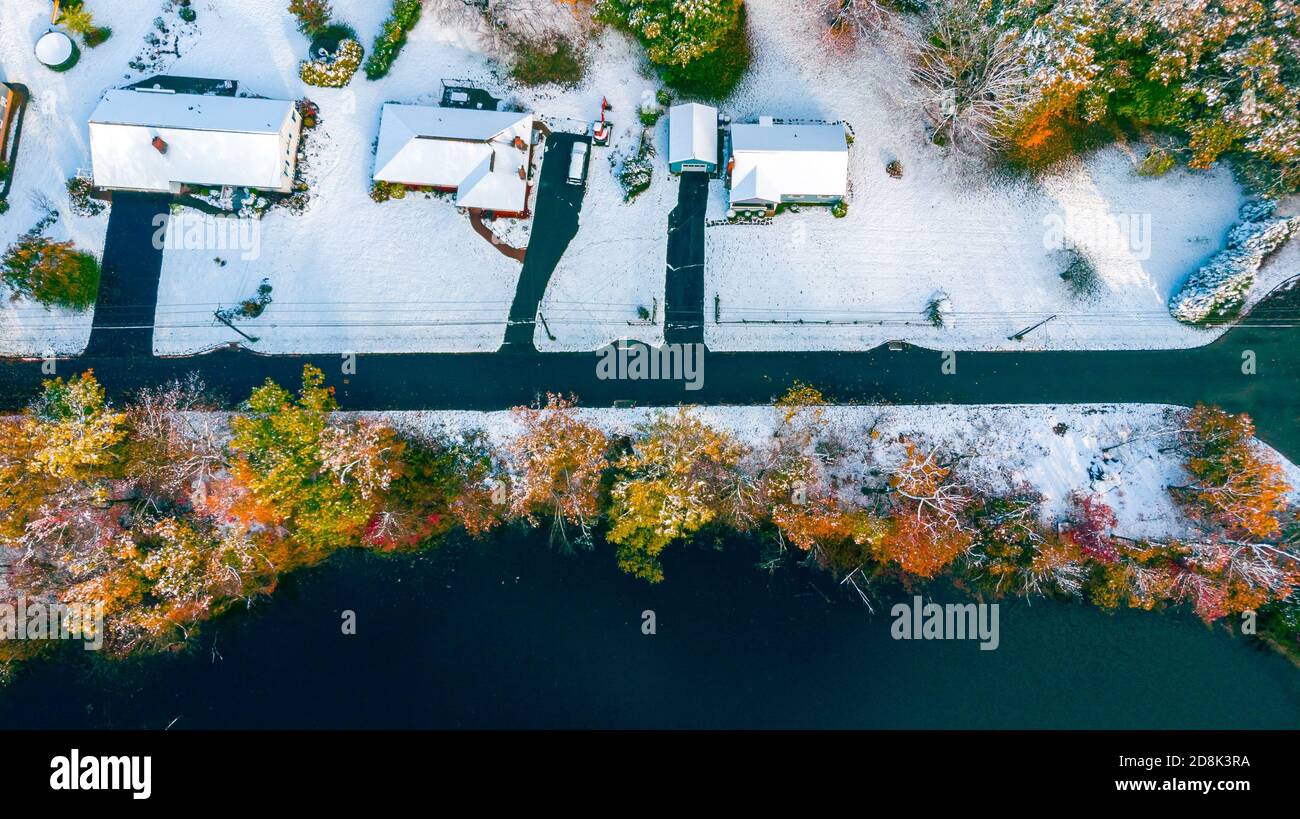 Aerial view of Fall Colors with Snow Fall in Manchester, Connecticut ...