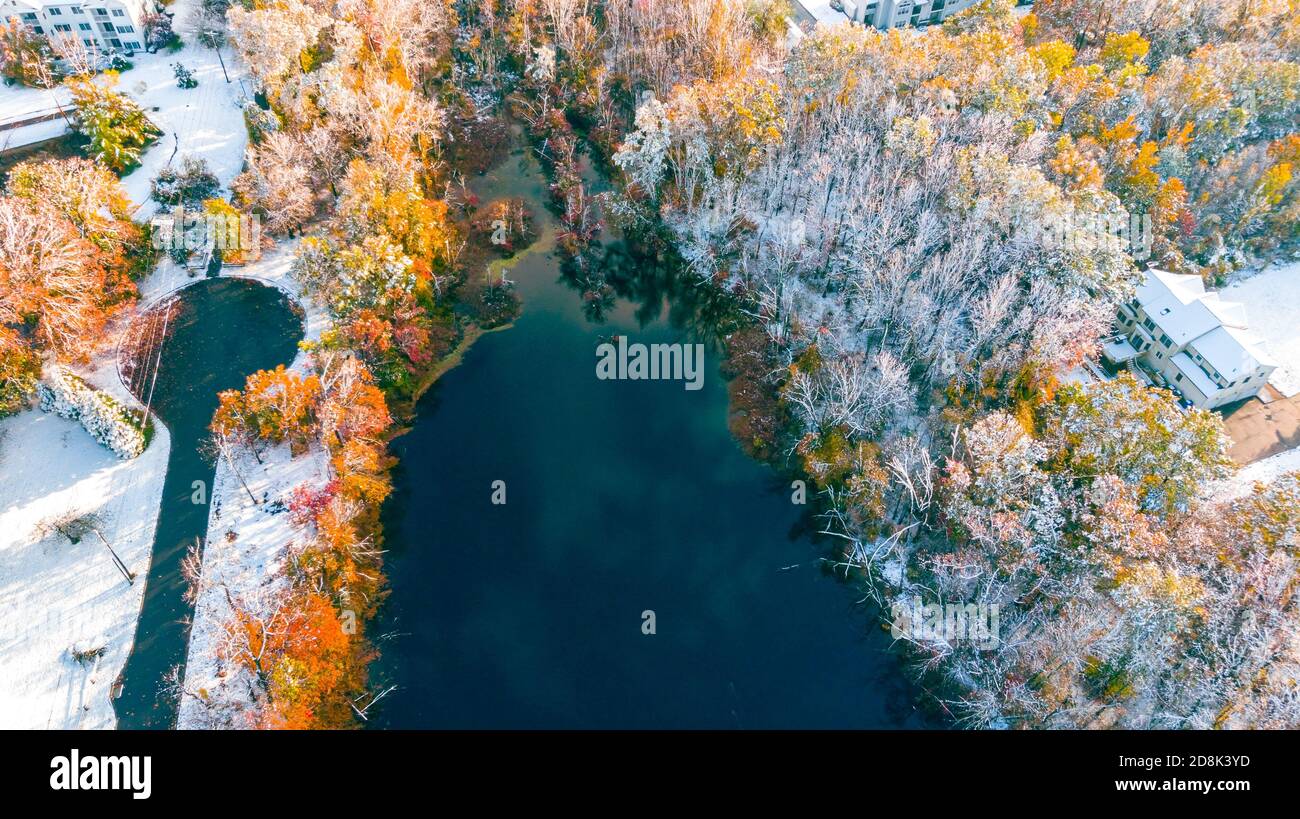 Aerial view of Fall Colors with Snow Fall in Manchester, Connecticut ...