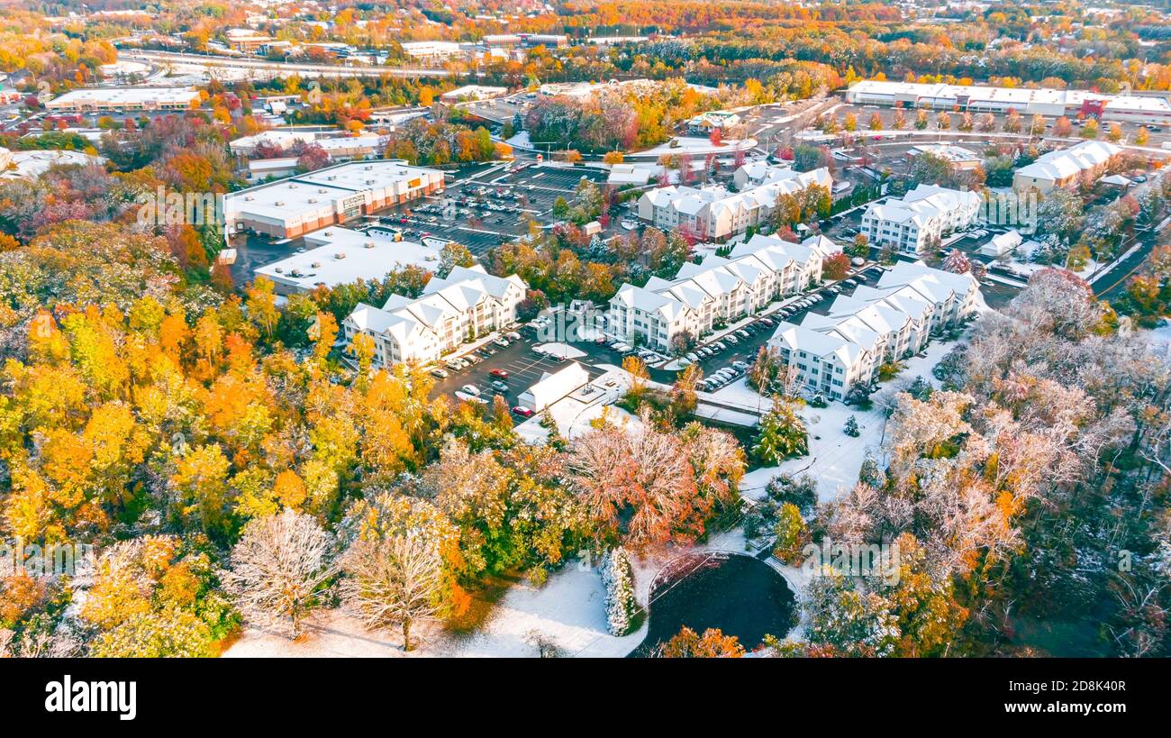 Aerial view of Fall Colors with Snow Fall in Manchester, Connecticut ...