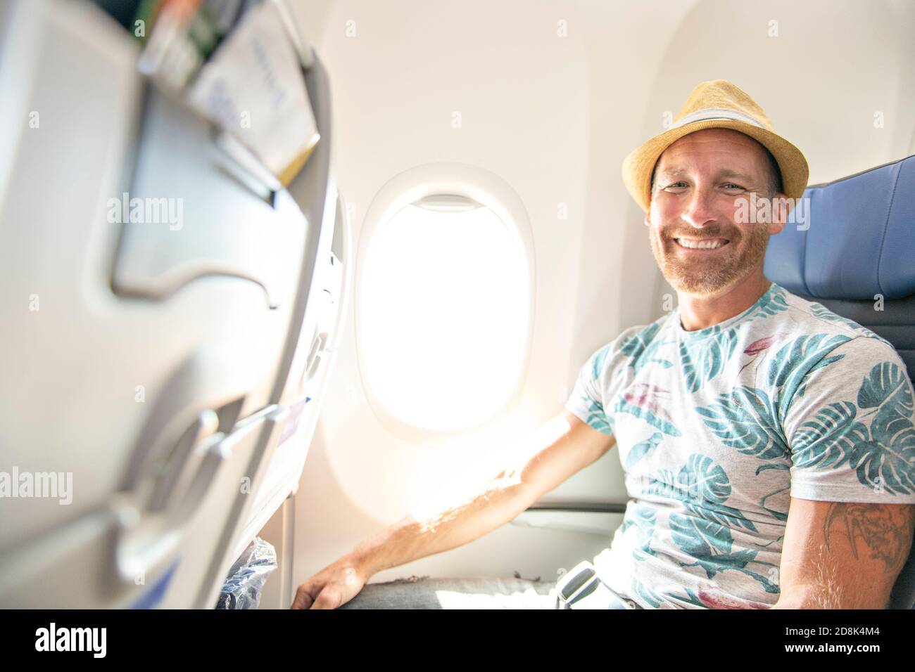 The passenger traveler in airplane, travel by flight, man tourist ...