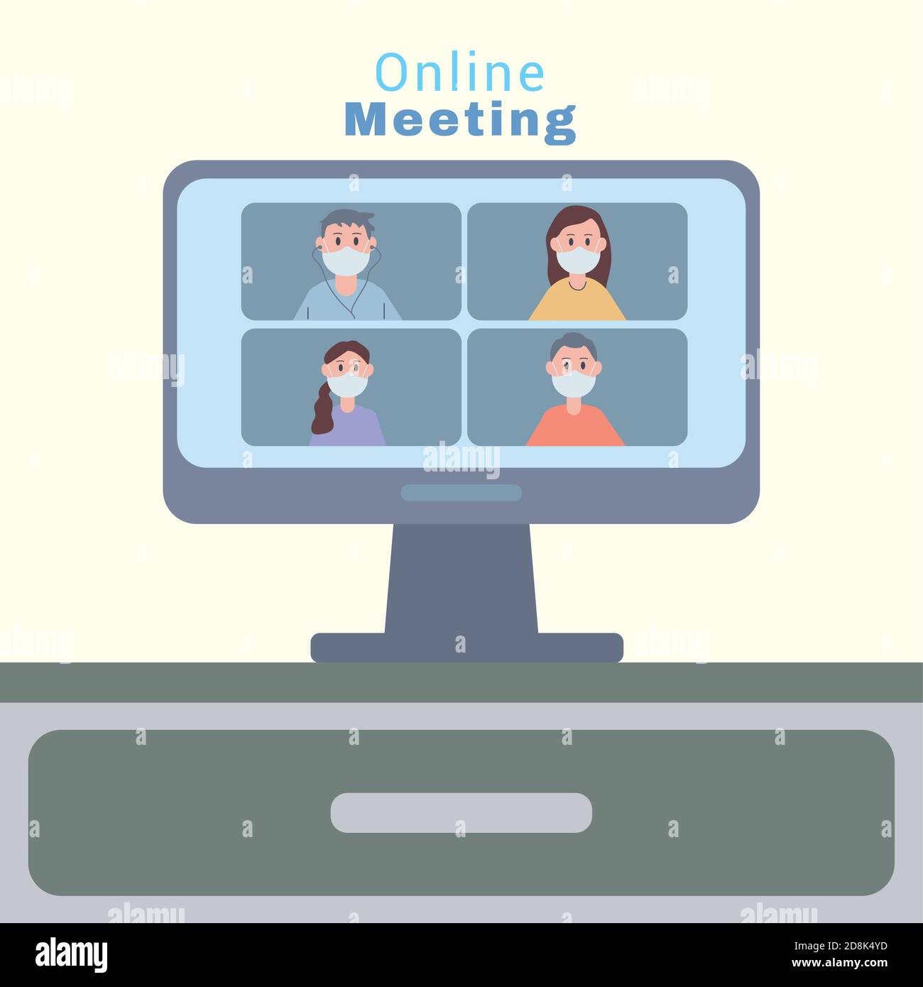 young people wearing face masks in desktop online meeting vector ...