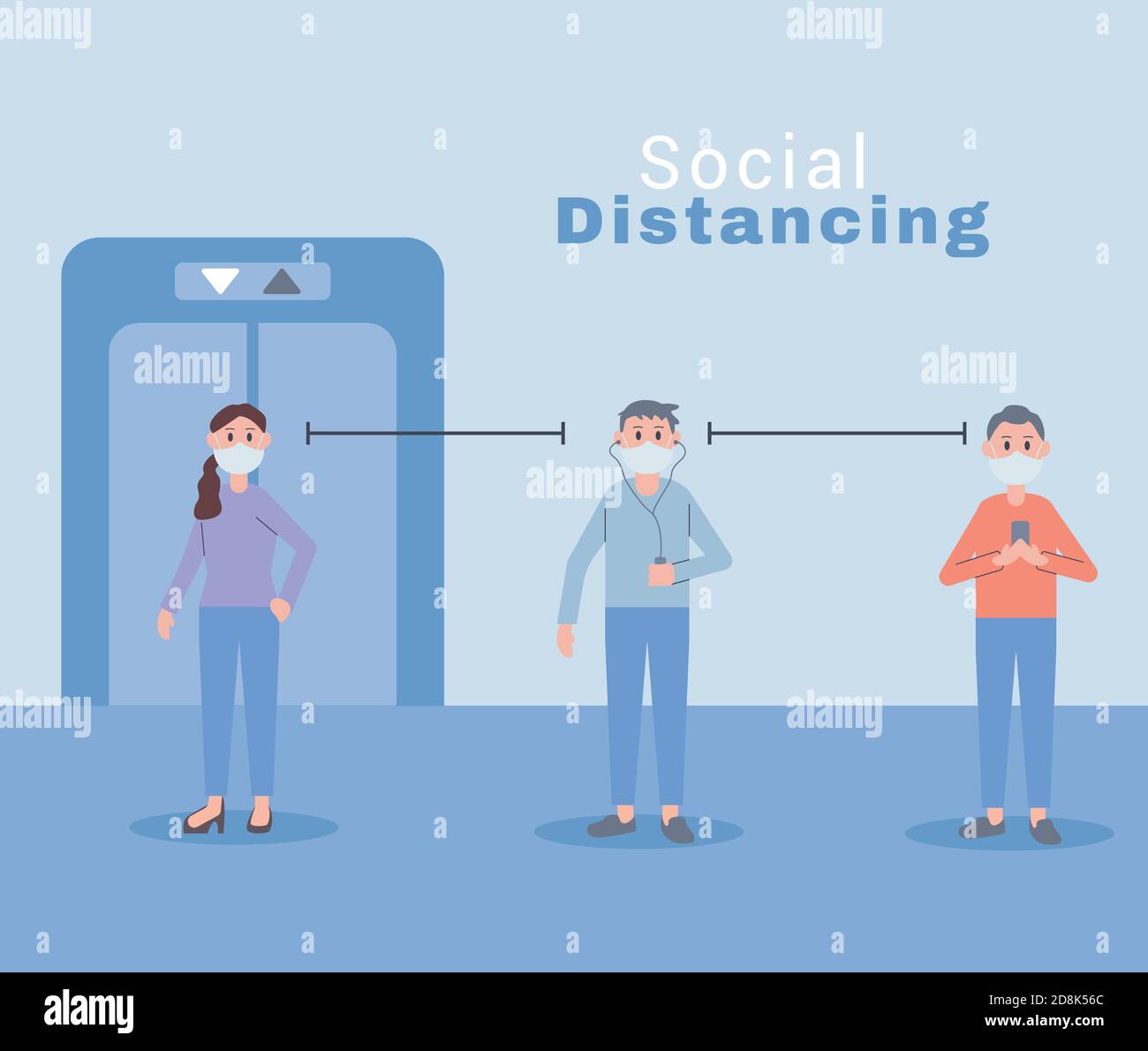 young people wearing face masks social distancing vector illustration ...