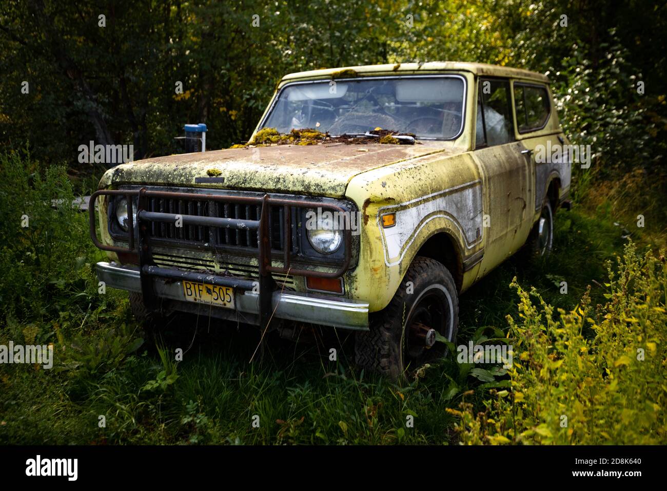 Classic old rusty 4x4 adventure truck in the forest at sunny day Stock ...