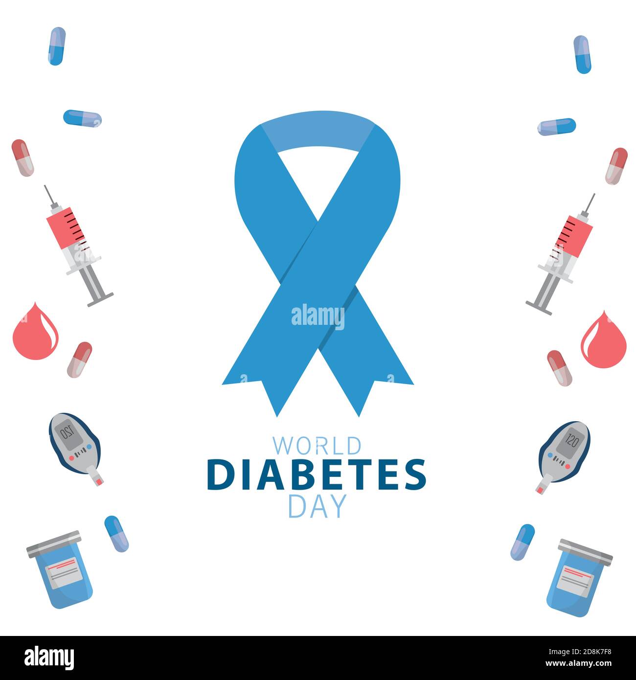 world diabetes day campaign with blue ribbon and set icons frame vector ...