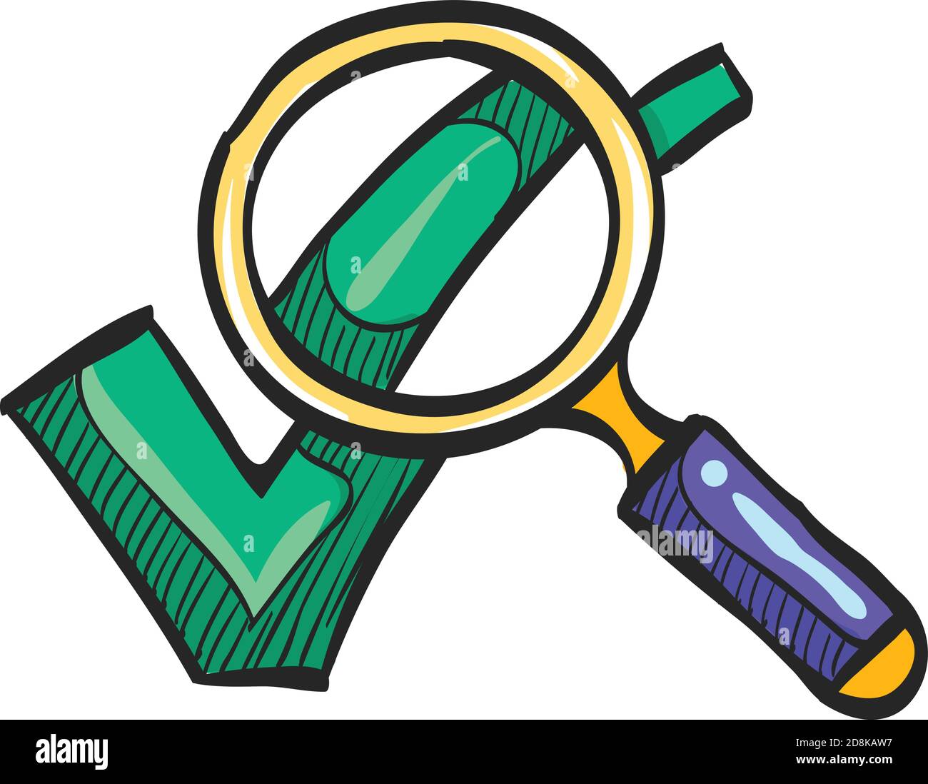 Magnifier check mark icon in color drawing. Zoom find locate approved ...
