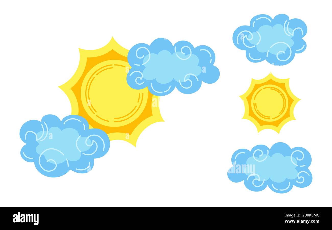 Sun with clouds cartoon style. Abstract flat suns colors hand drawn ...