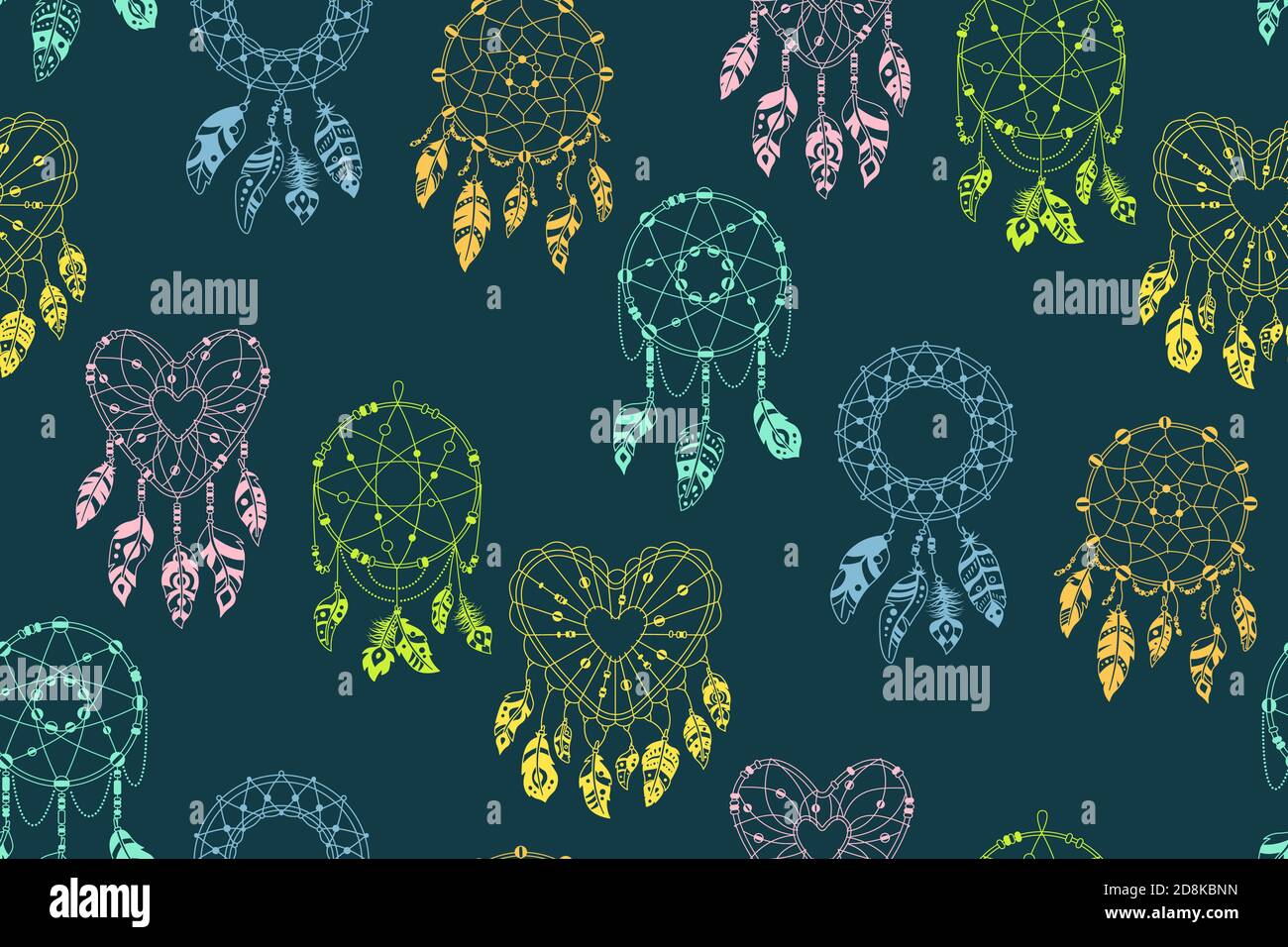 Boho seamless pattern. Dreamcatcher with feathers dark background ...