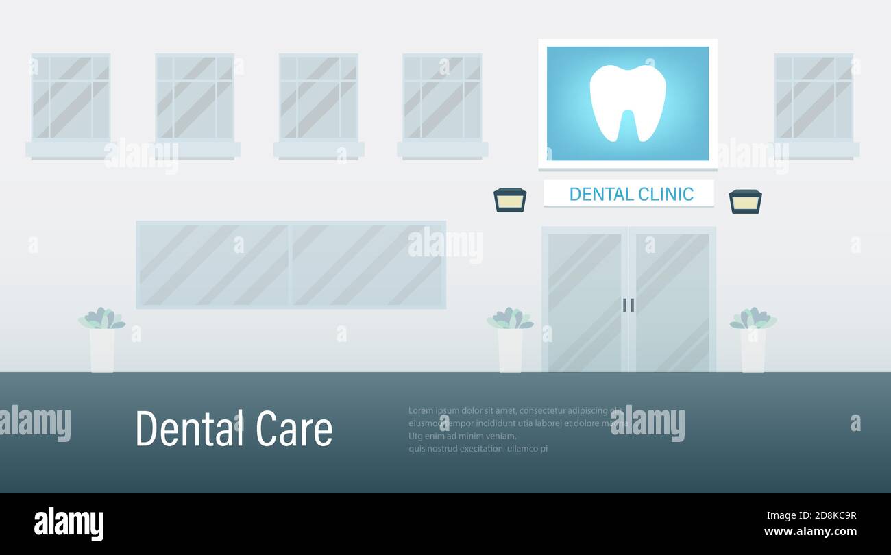Dental care banner with dental clinic building flat design vector ...