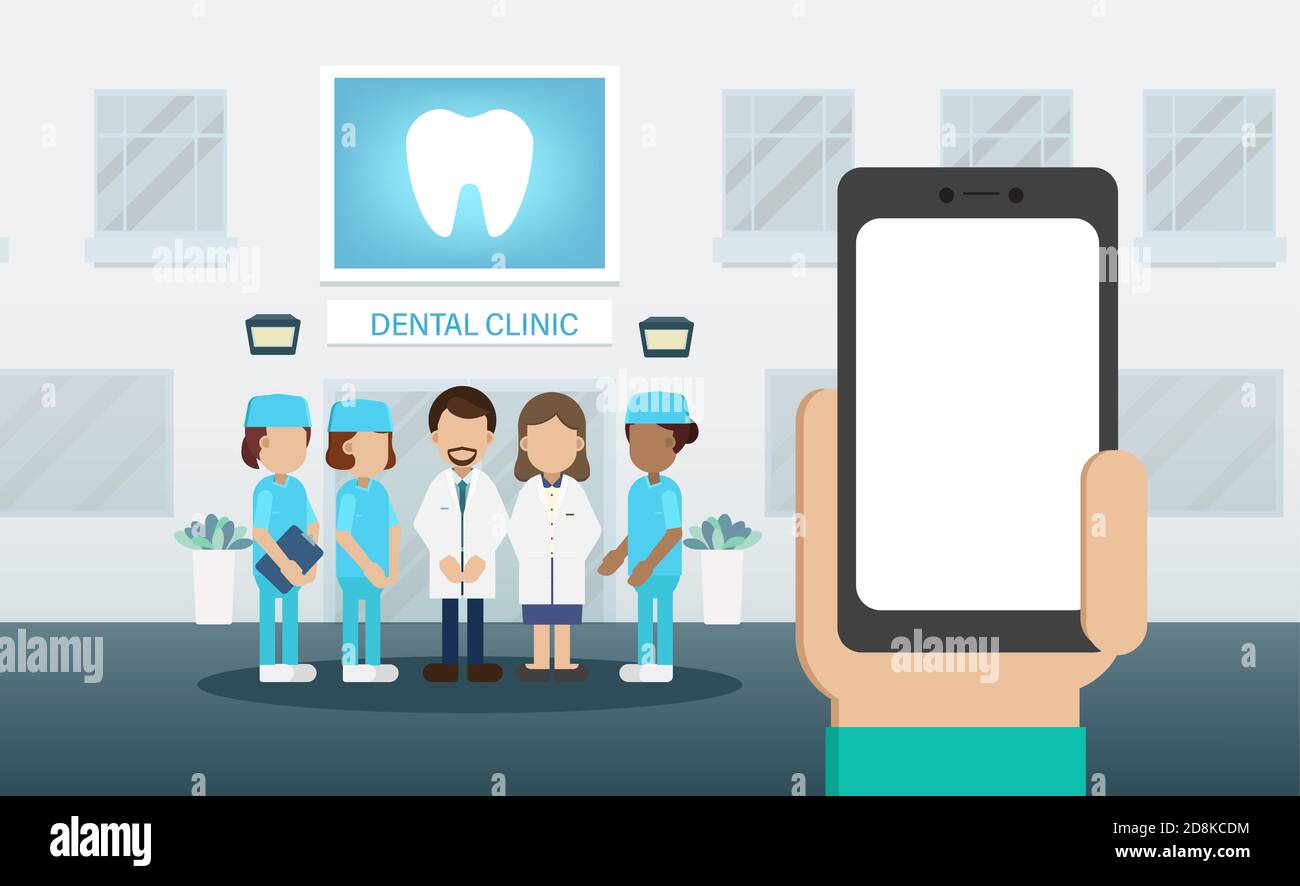 Blank screen mobile phone with dentist and medical staff flat design ...