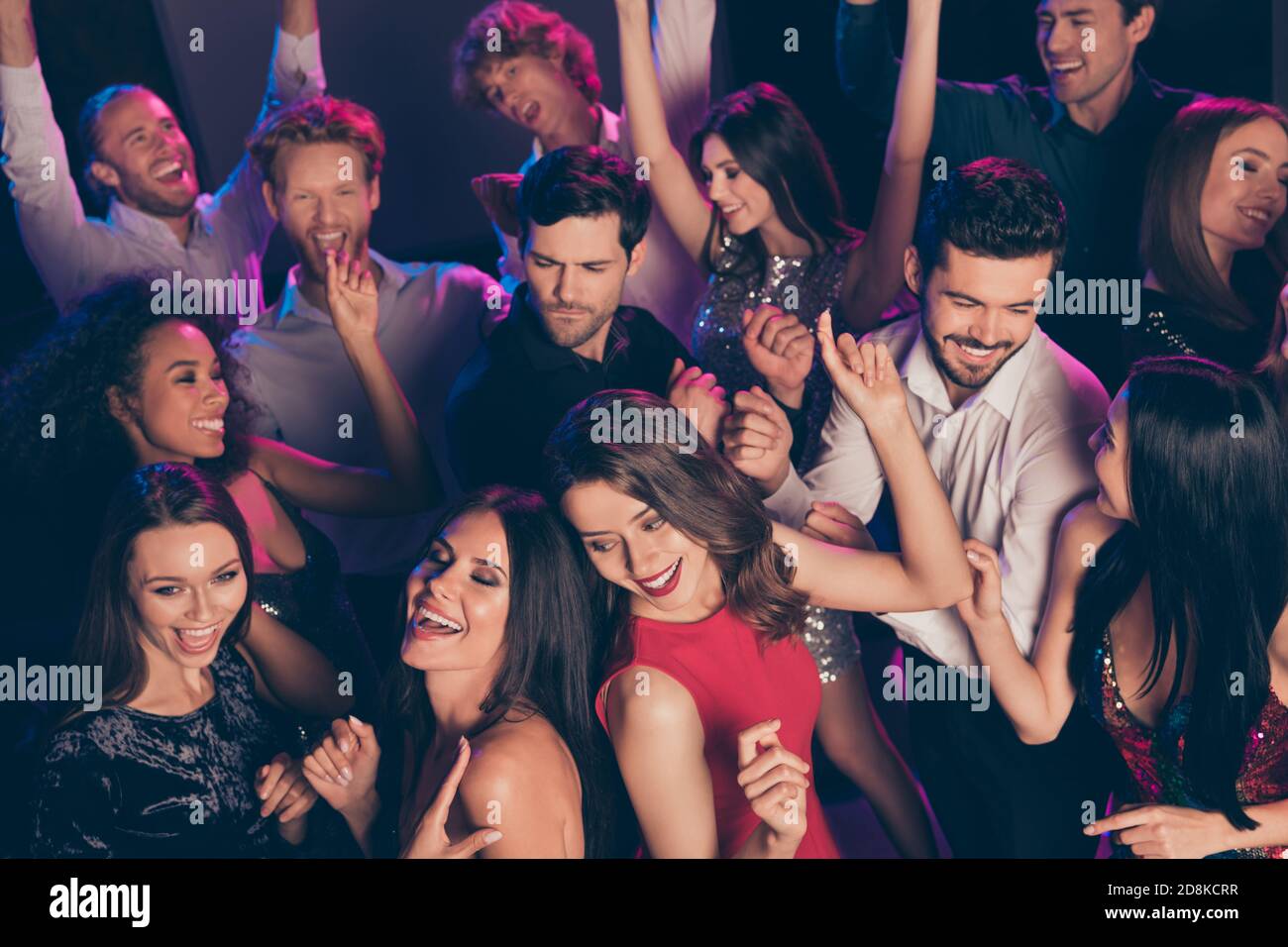 Above high angle view of attractive chic elegant cheerful crowd dancing ...