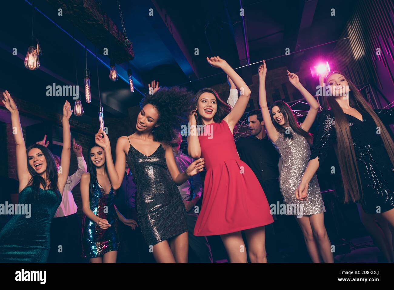Nice-looking attractive elegant trendy cheerful crowd dancing enjoying ...