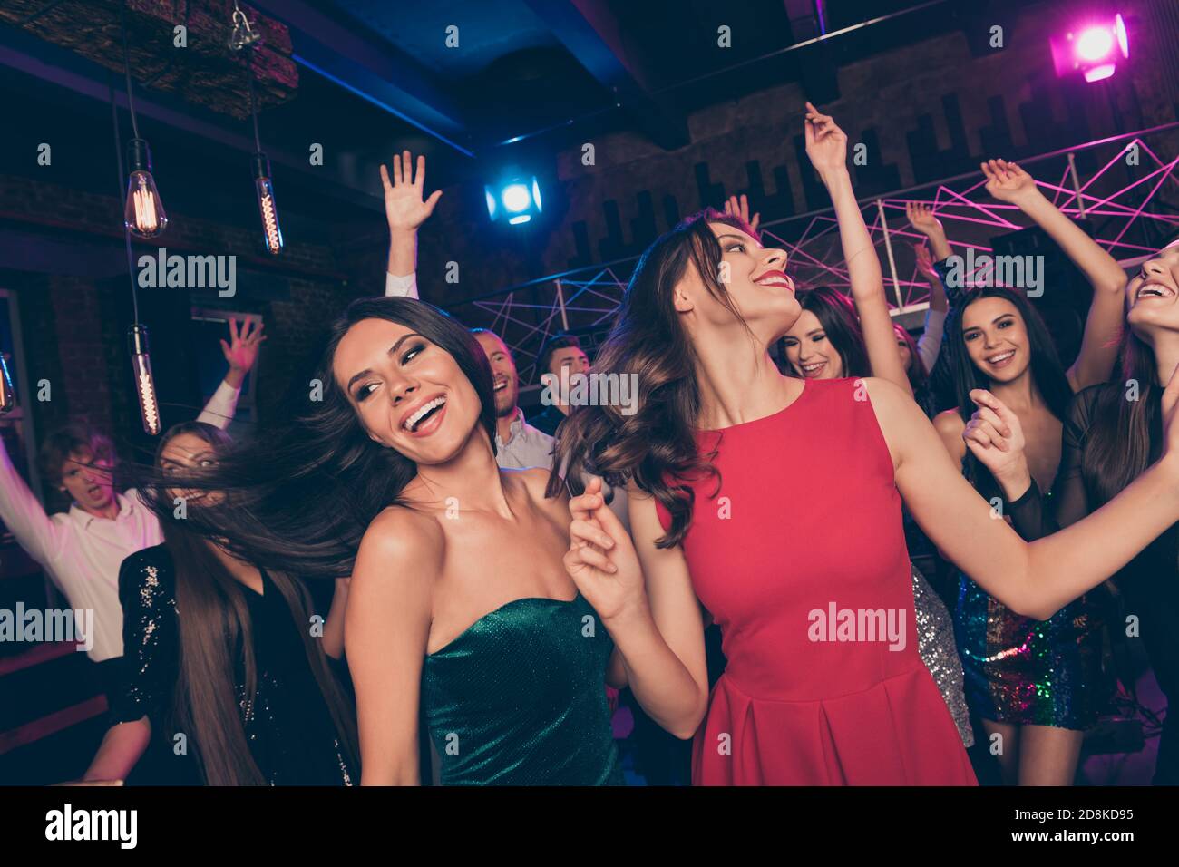Nice attractive chic elegant cheerful crowd dancing having fun birthday ...