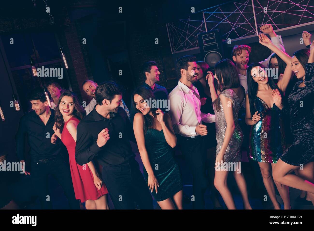 Portrait of nice elegant chic smart cheerful beautiful handsome friends ...