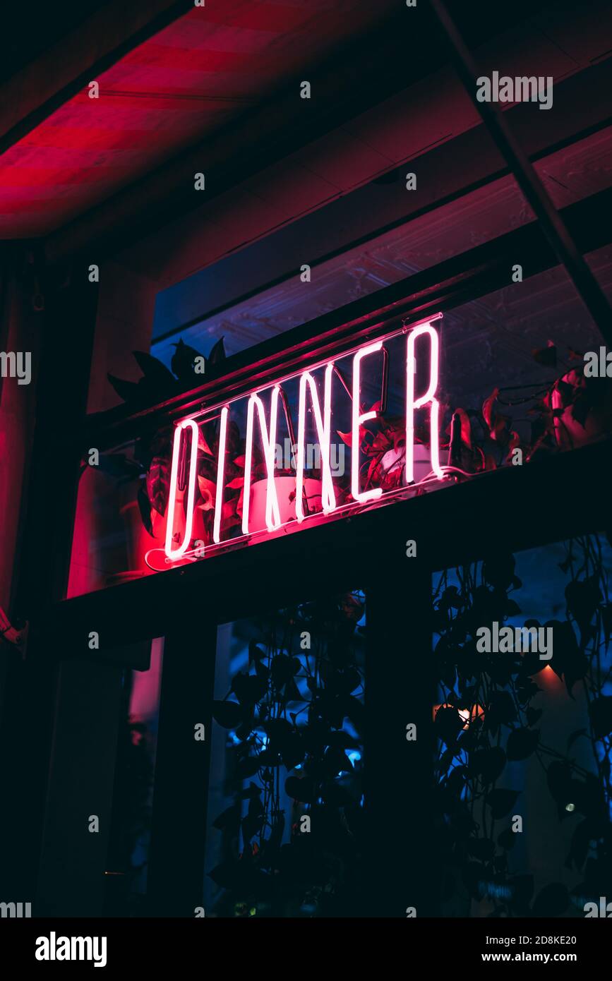 Dinner neon sign at night, in Manhattan, New York City Stock Photo - Alamy