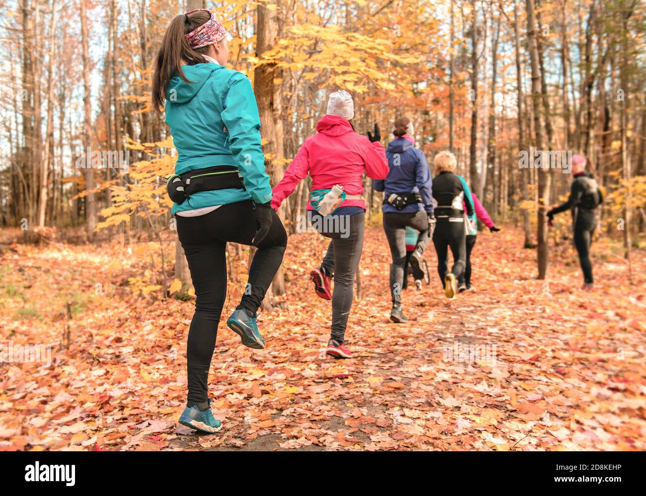 woman group out running together in an autumn park they run a race or ...
