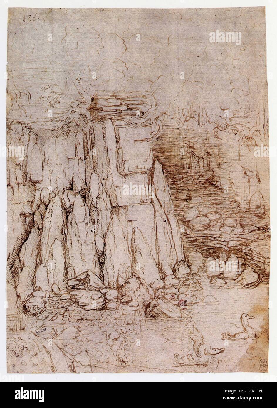 Leonardo da Vinci. A river running through a rocky ravine with birds in ...