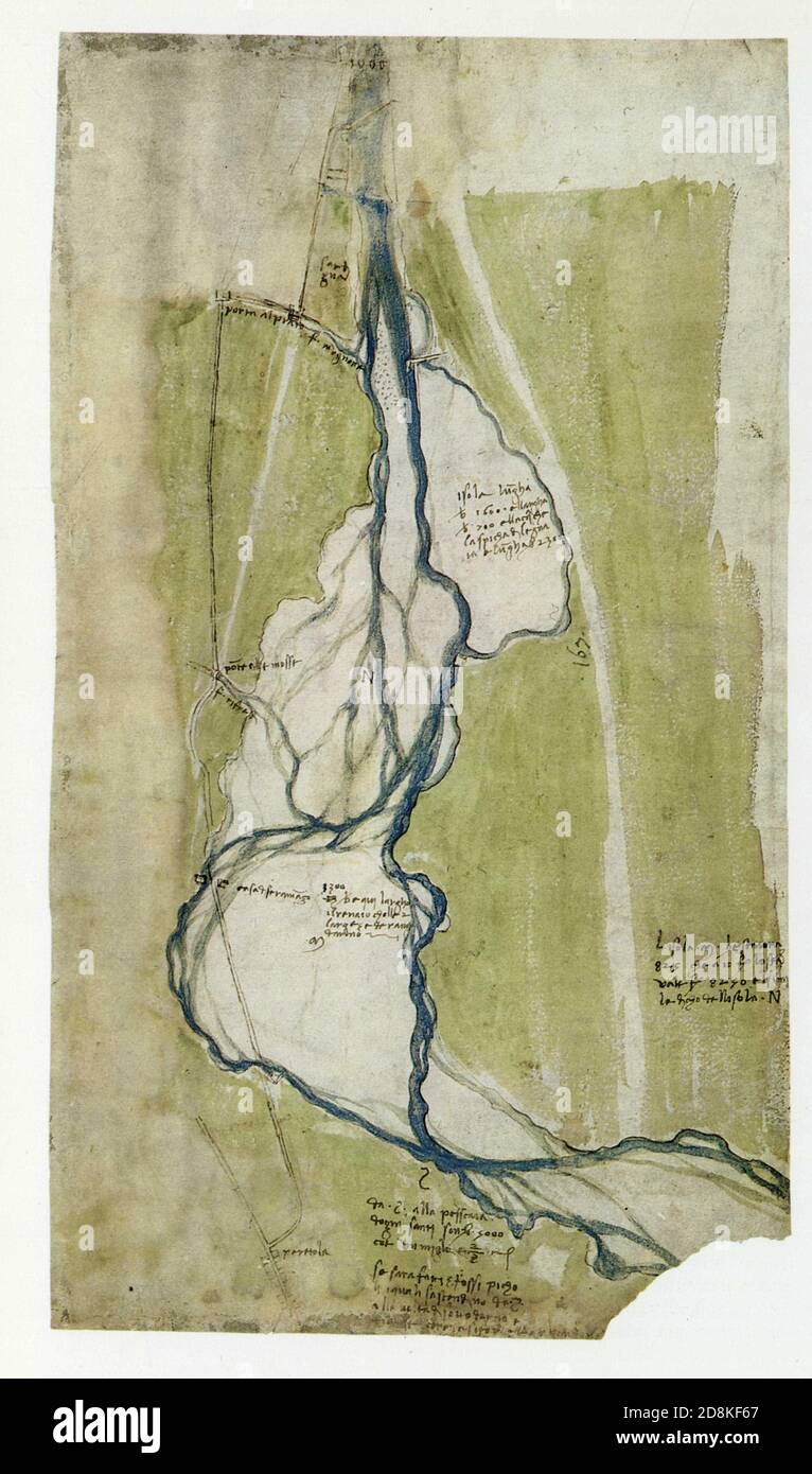 Leonardo da Vinci. Map of the Arno and Mugnone, west of Florence. 1504 ...