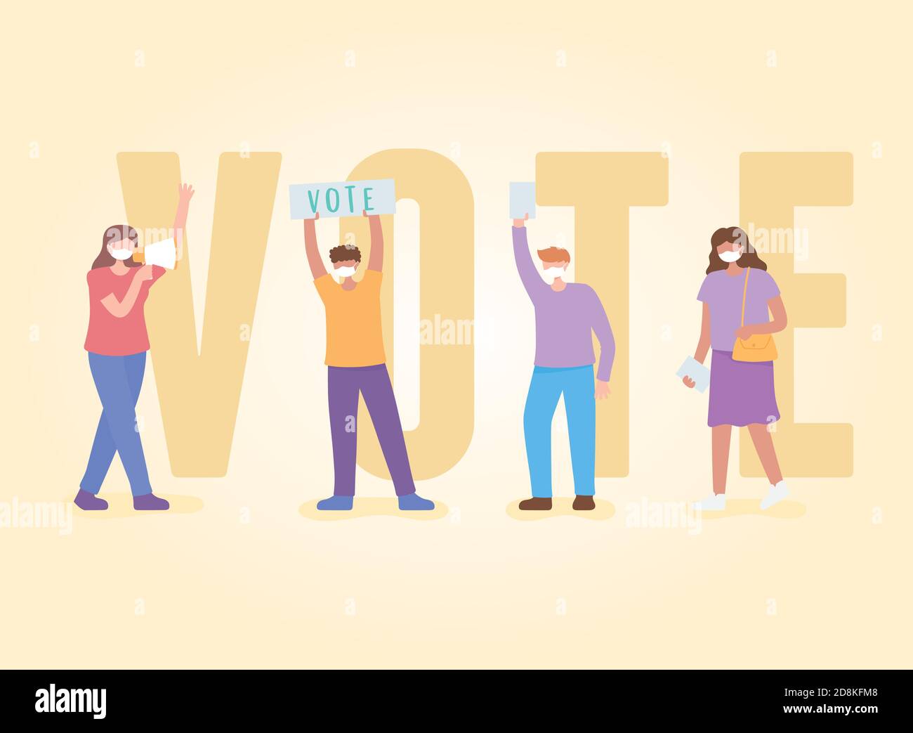 voting and election, people with mask in campaign with loudspeaker and ...