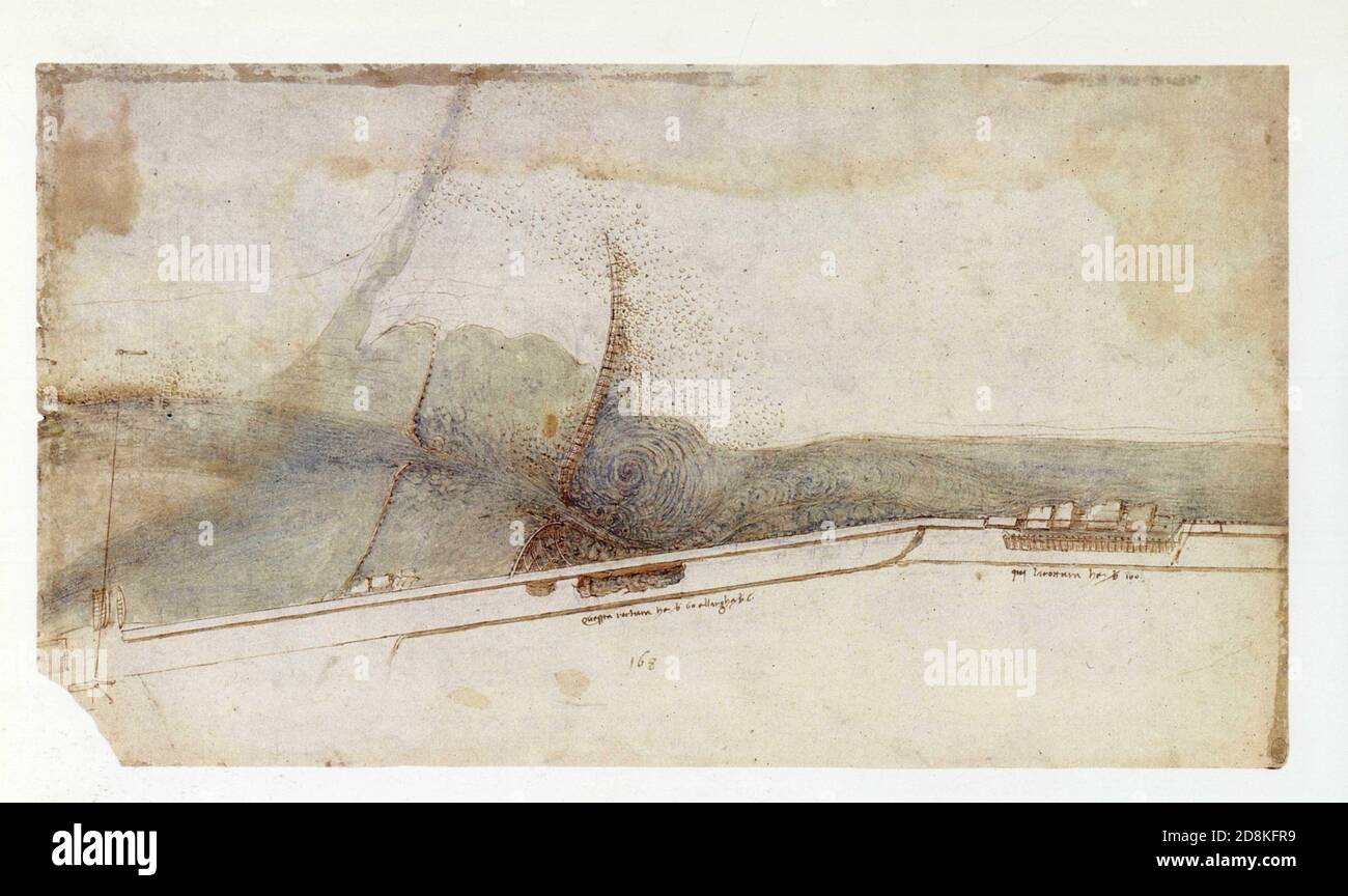 Leonardo da Vinci. Map of breakwaters and eroded embankment on the ...