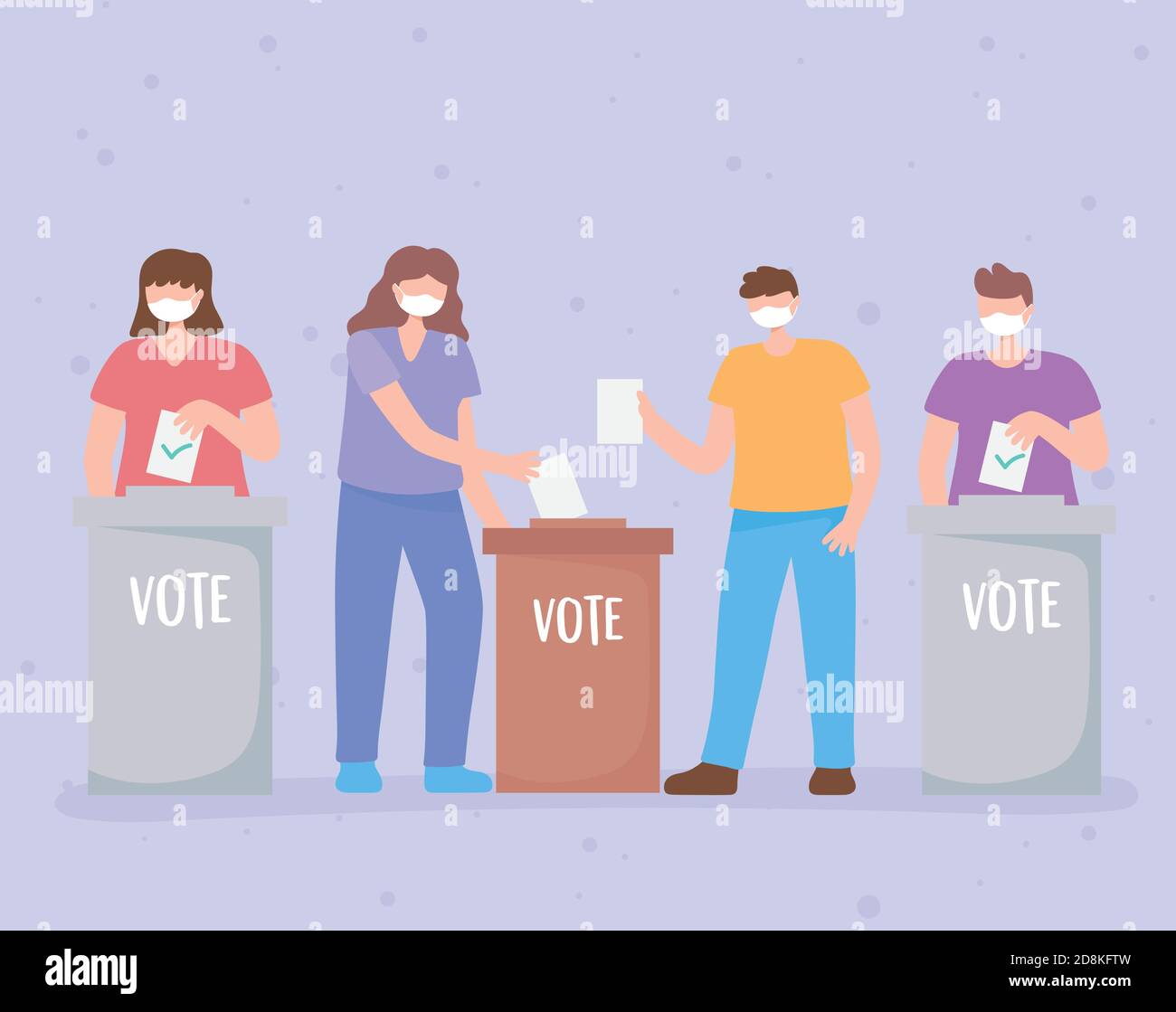 voting and election, group people with masks putting paper ballots ...