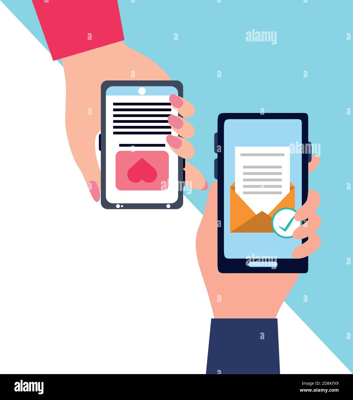 male and female hands with smartphone sending romantic text and ...