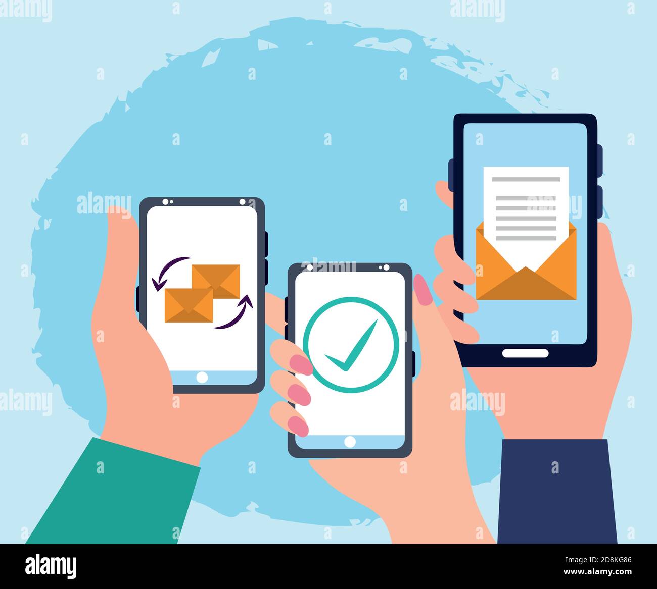 people hands with smartphone email, sms, texting, communications vector ...
