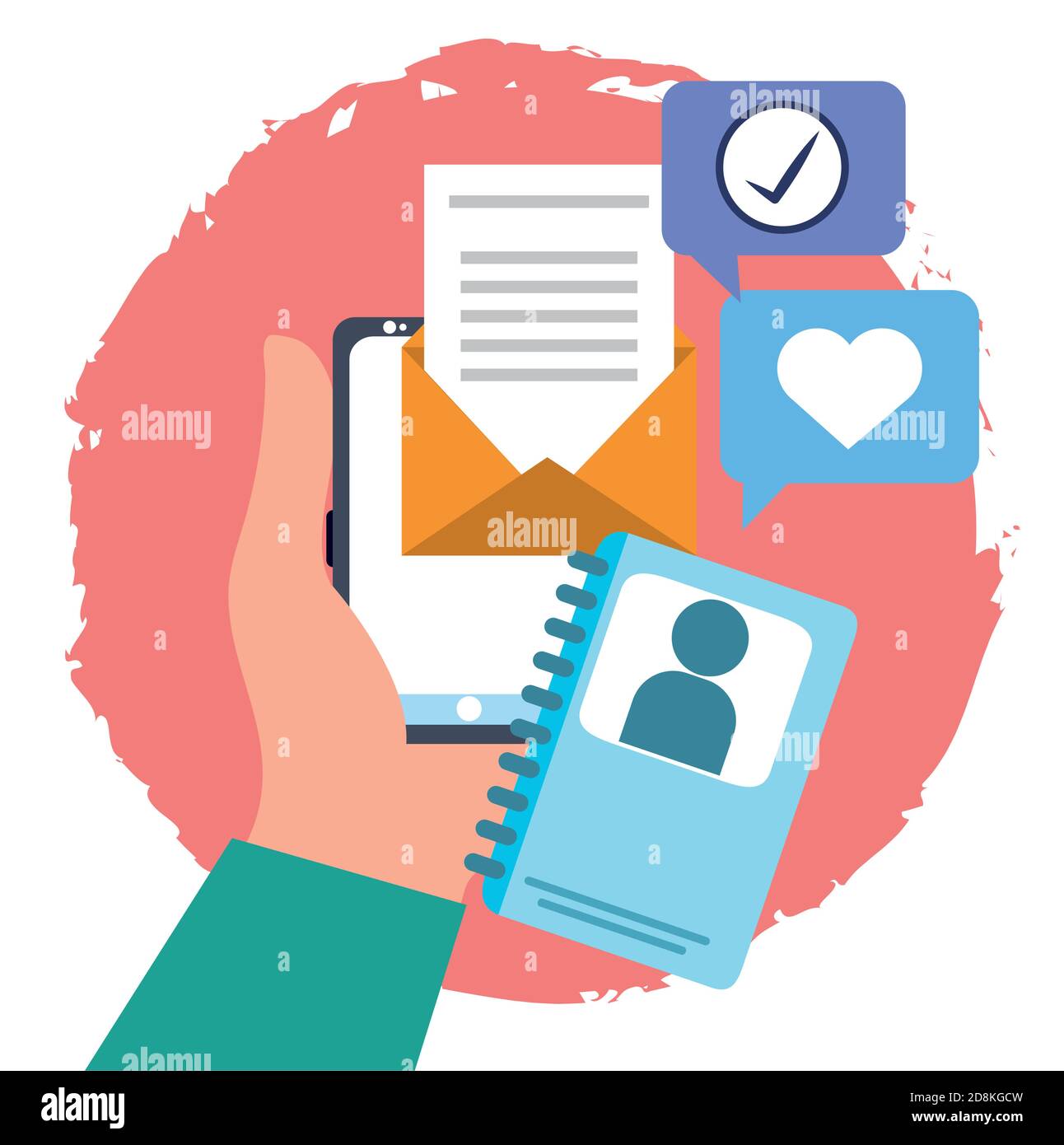 male hand smartphone contact list like check mark communications vector ...