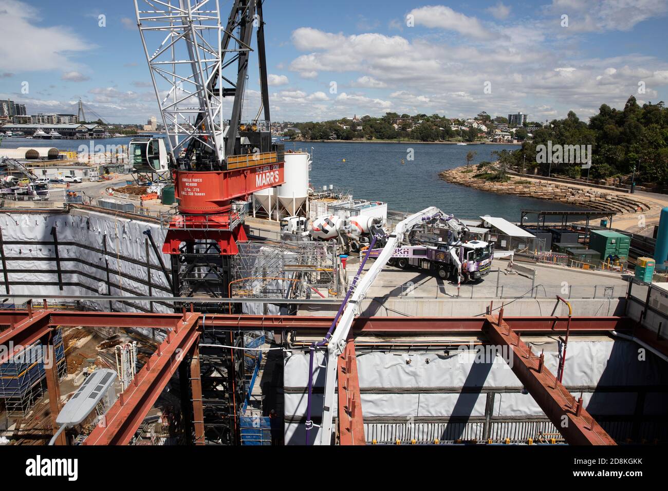 Sydney construction building site at Barangaroo with crane from men ...