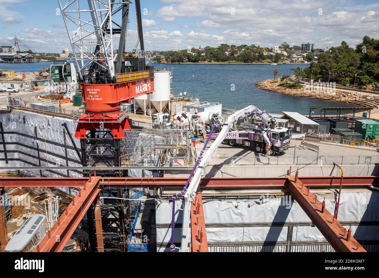Sydney construction building site at Barangaroo with crane from men ...