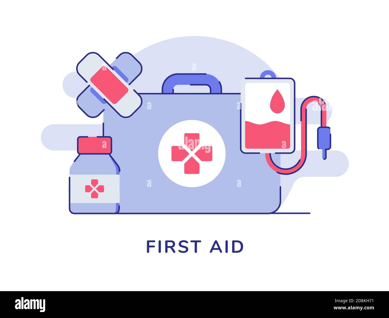 First aid concept tool box case antiseptic bottle bandage blood bag ...
