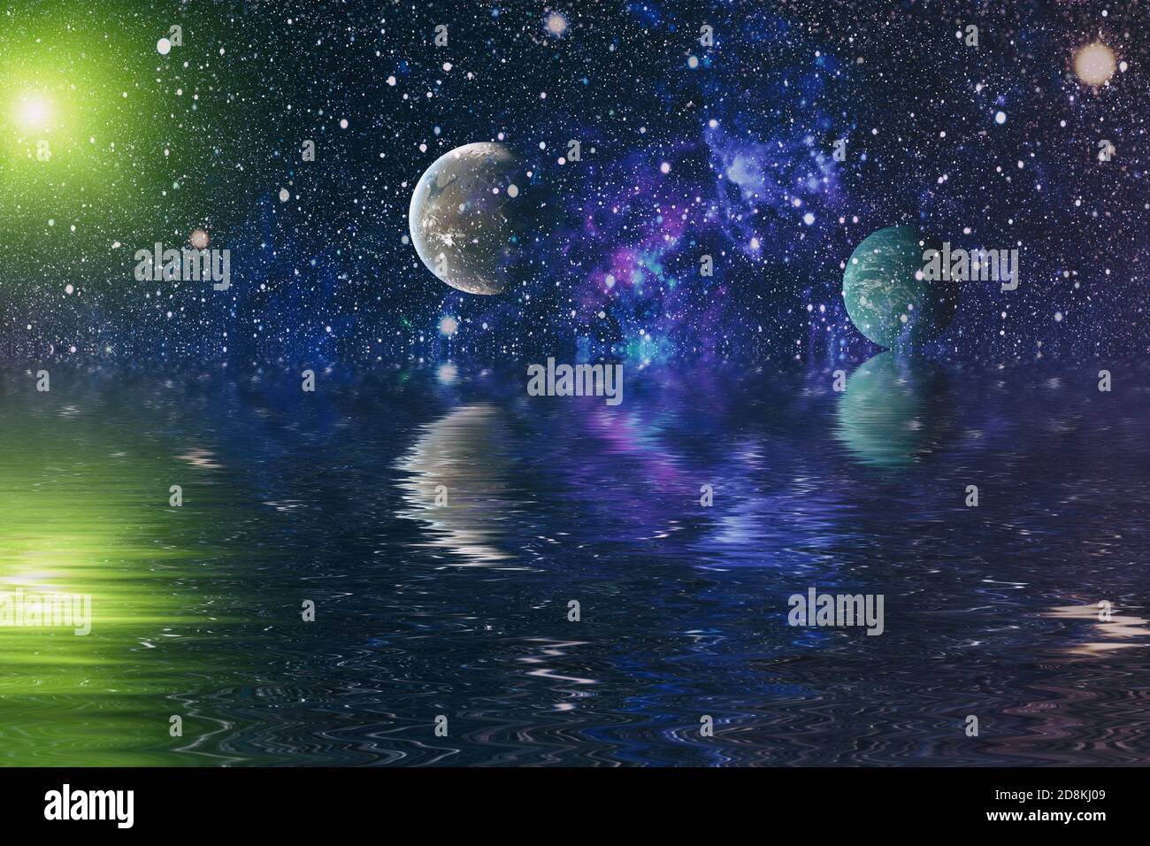 space planet in space reflected in water. galaxy stars night sky ...