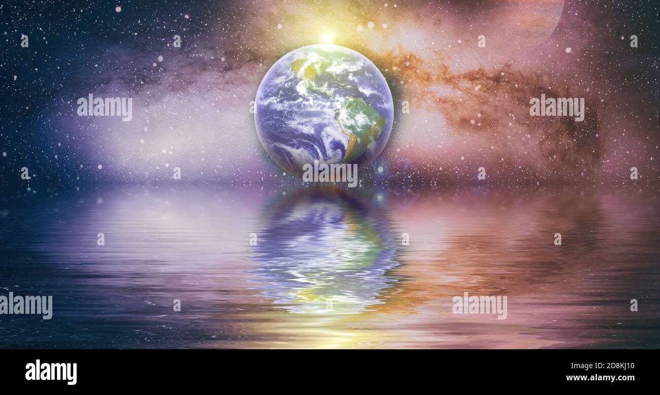 Beautiful unusual space planet in space reflected in water. Our ...