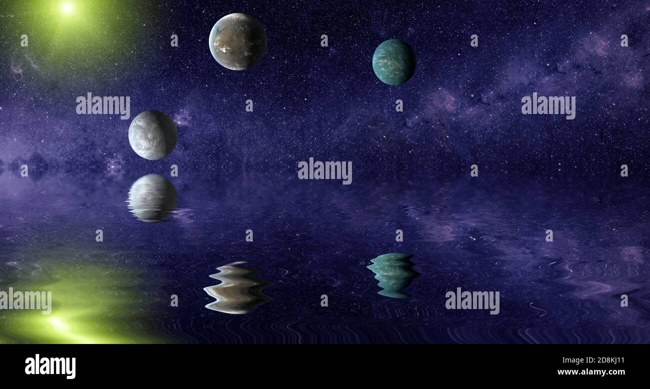 Beautiful unusual space planet in space reflected in water, galaxy ...