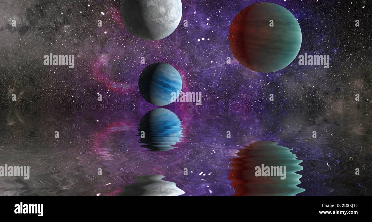 Beautiful unusual space planet in space reflected in water, galaxy ...
