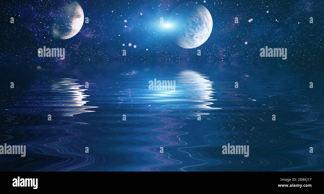 Beautiful unusual space planet in space reflected in water, galaxy ...