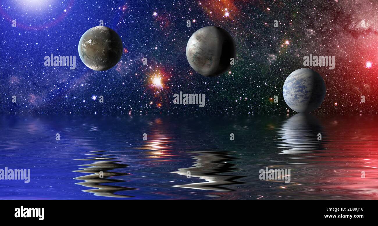 Beautiful unusual space planet in space reflected in water, galaxy ...