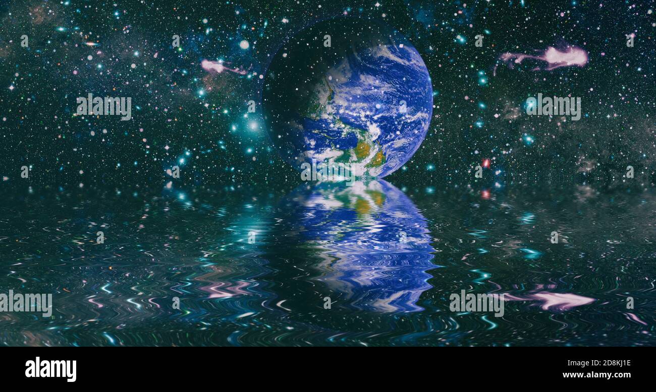 Beautiful unusual space planet in space reflected in water. Our ...