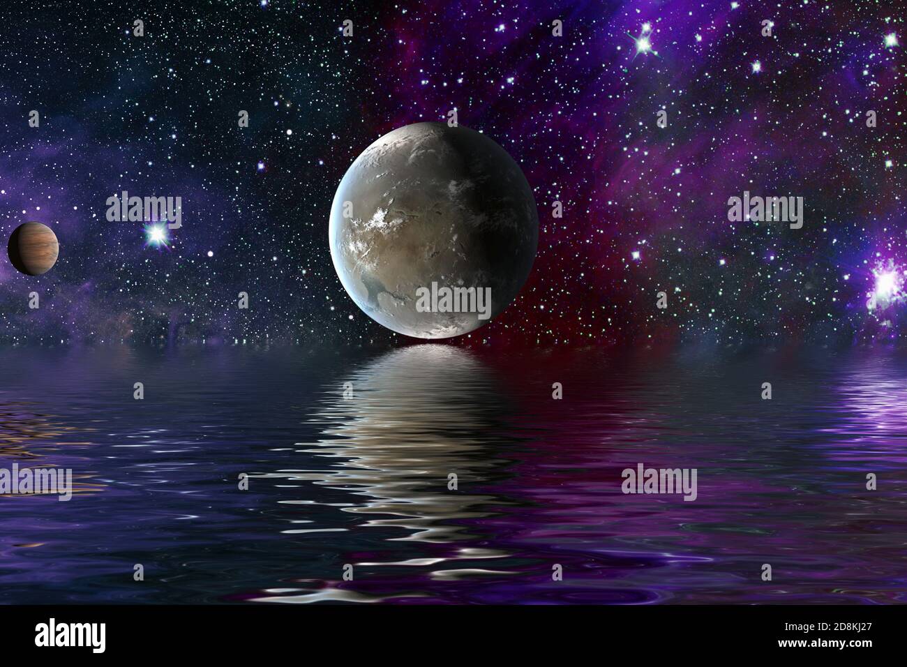 space planet in space reflected in water. galaxy stars night sky ...