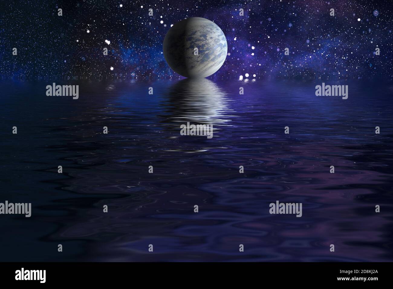 space planet in space reflected in water. galaxy stars night sky ...