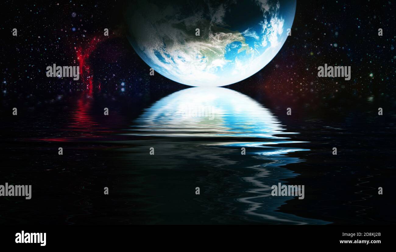 space planet in space reflected in water. galaxy stars night sky ...