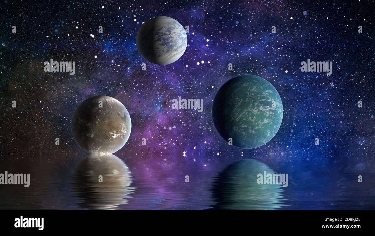 space planet in space reflected in water. galaxy stars night sky ...