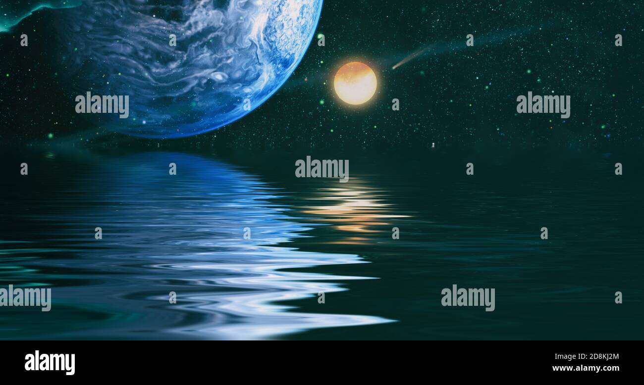 Beautiful unusual space planet in space reflected in water, galaxy ...
