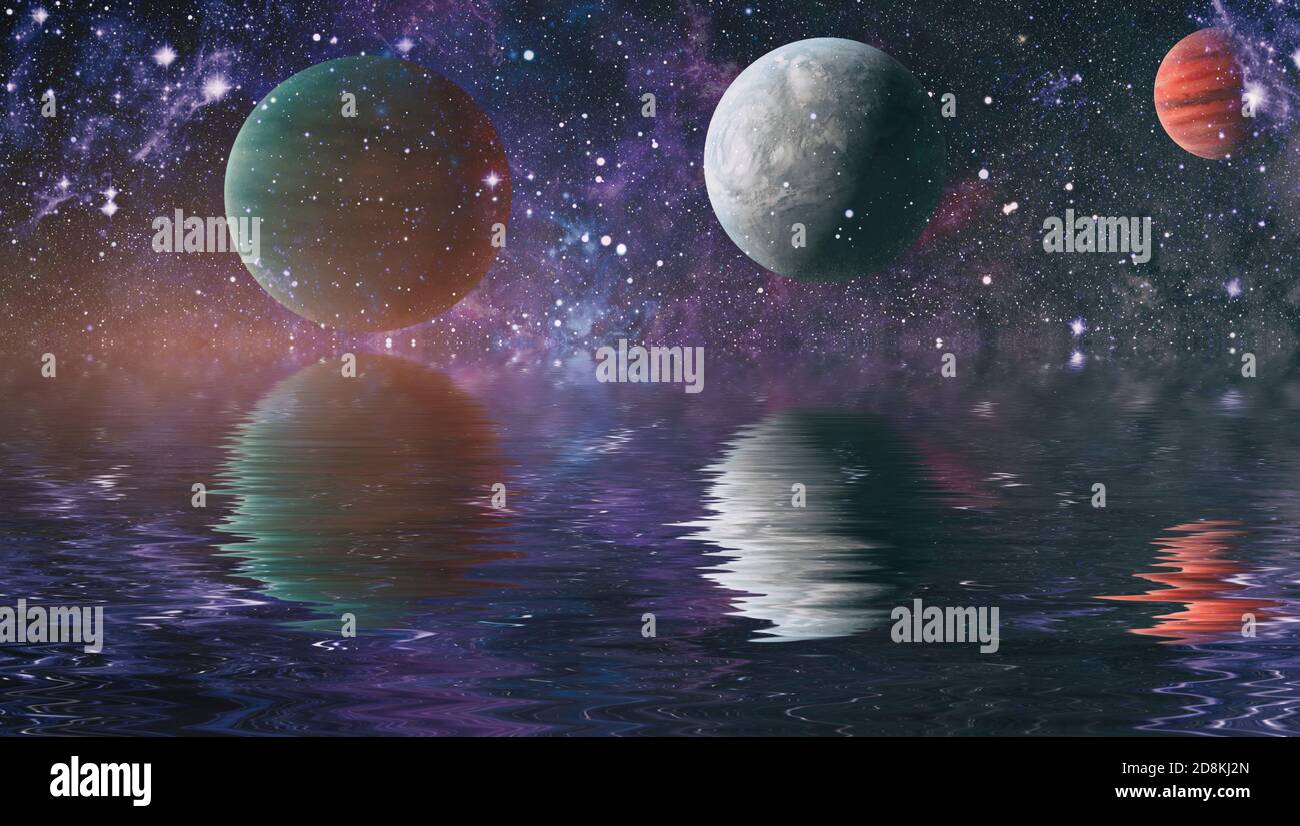 space planet in space reflected in water. galaxy stars night sky ...