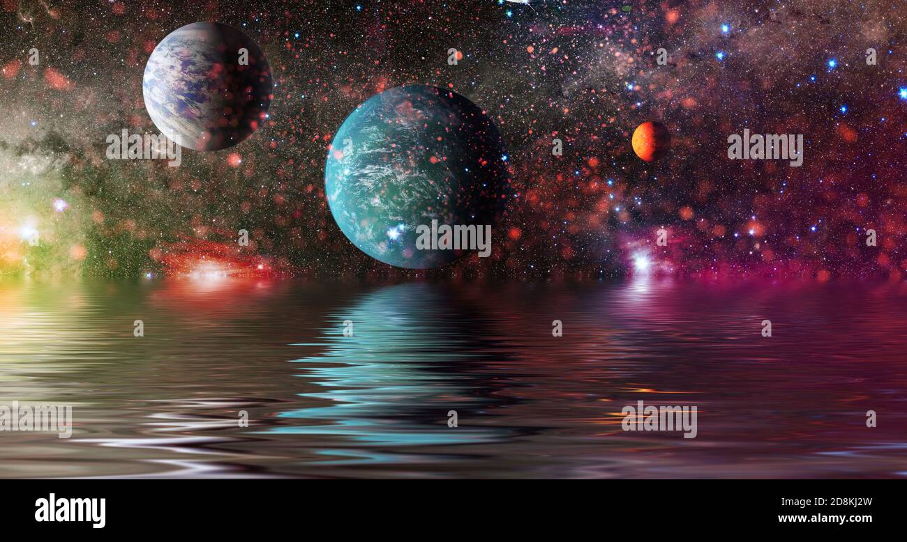 Beautiful unusual space planet in space reflected in water, galaxy ...